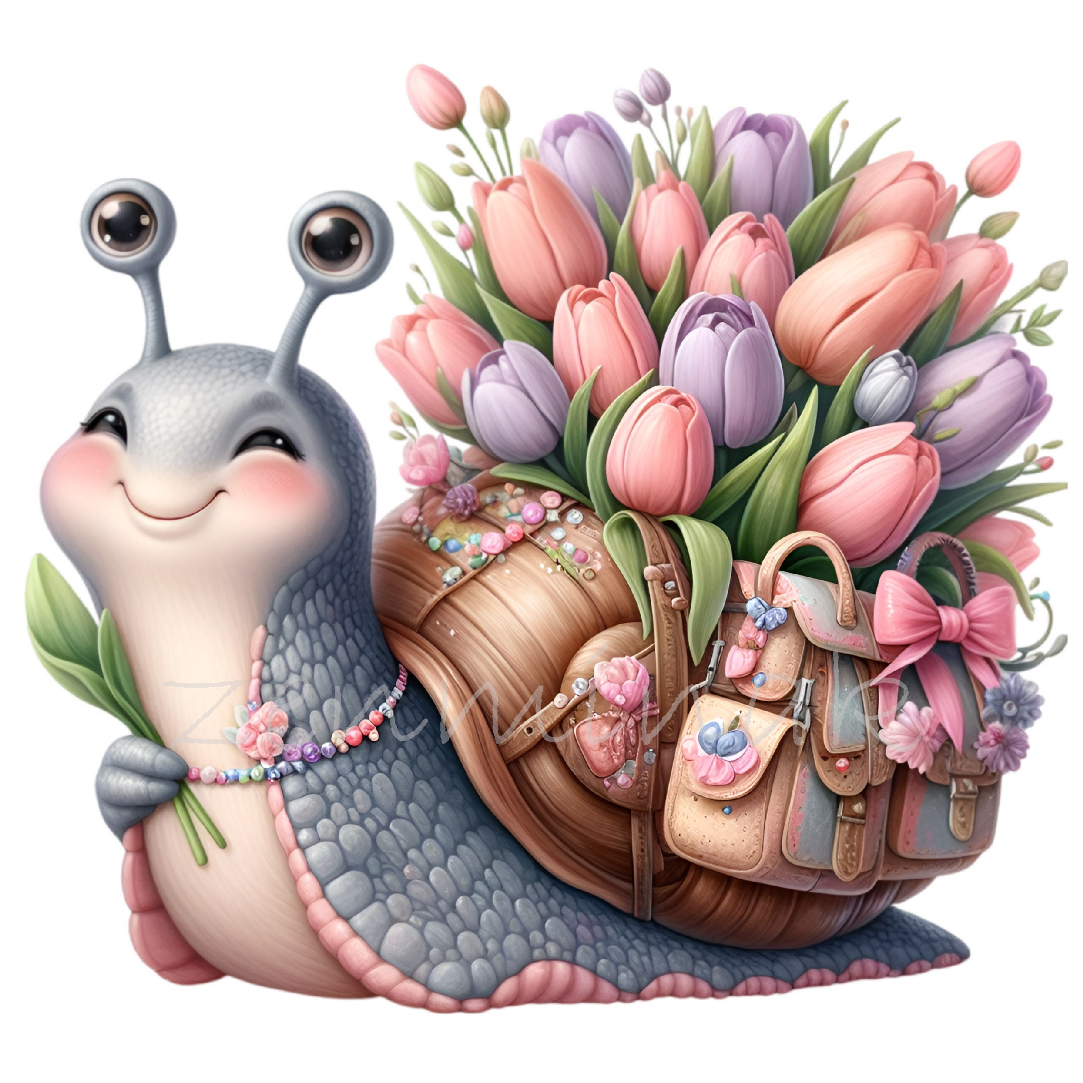 10 PNG Cute Snail With Flowers Clipart – Cartoon Tulip Snail PNG ...
