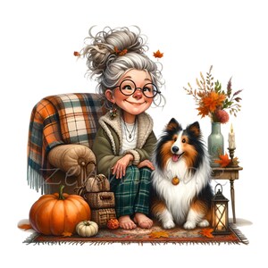10 Autumn Grandma Clipart PNG Smiling Elderly Lady With Dog Pumpkins ...