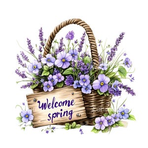 16 Welcome Spring Basket PNG Clipart With Purple Pansies, Lavender ...