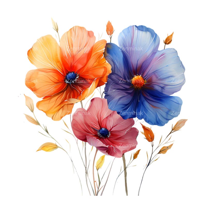 17 Watercolor Flower PNG Clipart – Translucent Petals in Blue, Pink ...