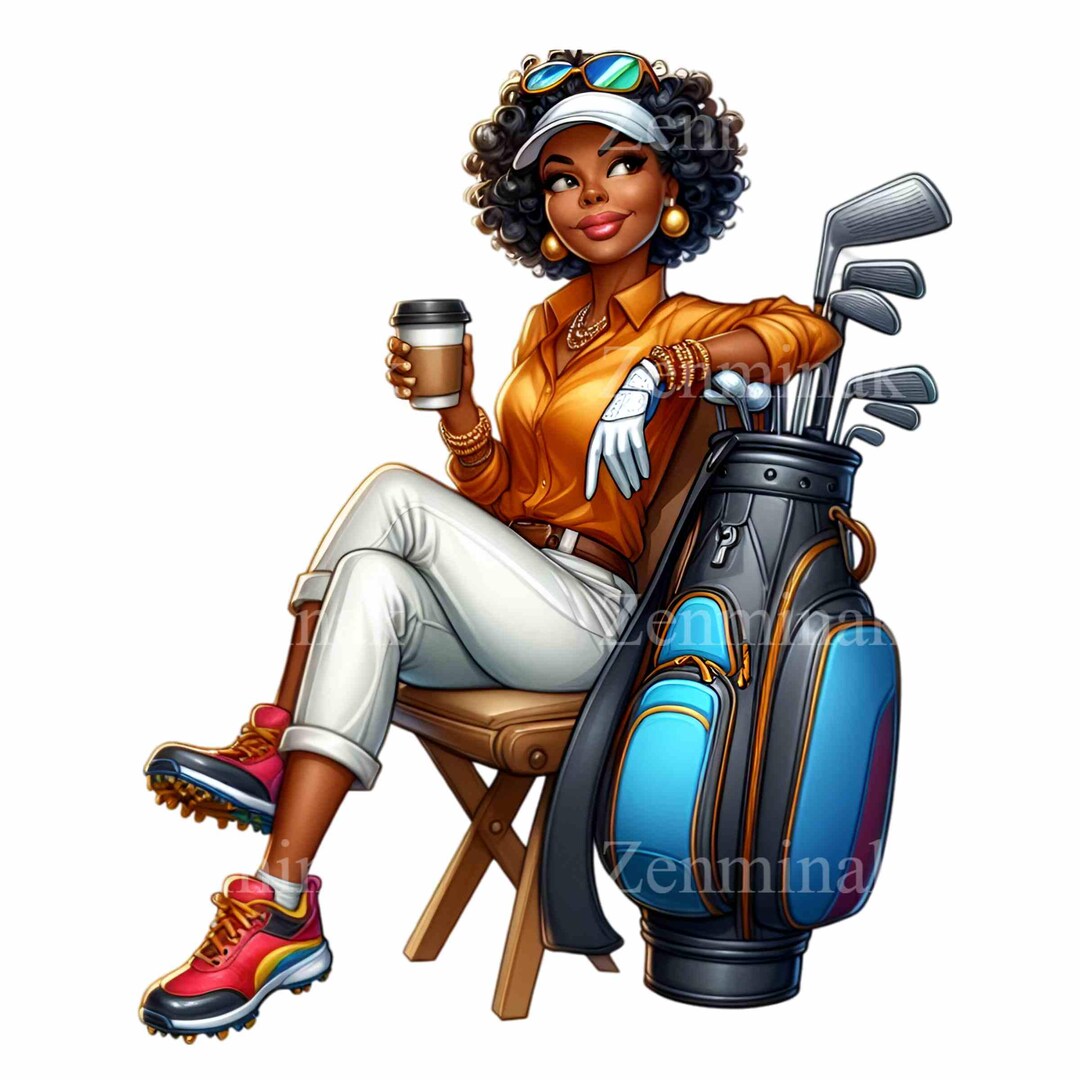 Afro-american Lady Golfer With Coffee PNG | 12 Modern Golf Art ...