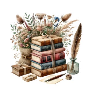15 Vintage Books and Flowers Clip Art PNG, Rustic Stack of Books With ...