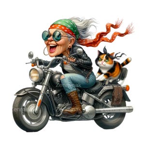 Cool Biker Lady PNG, 12 Fun Motorcycle Grandma Clipart, Quirky Cartoon ...