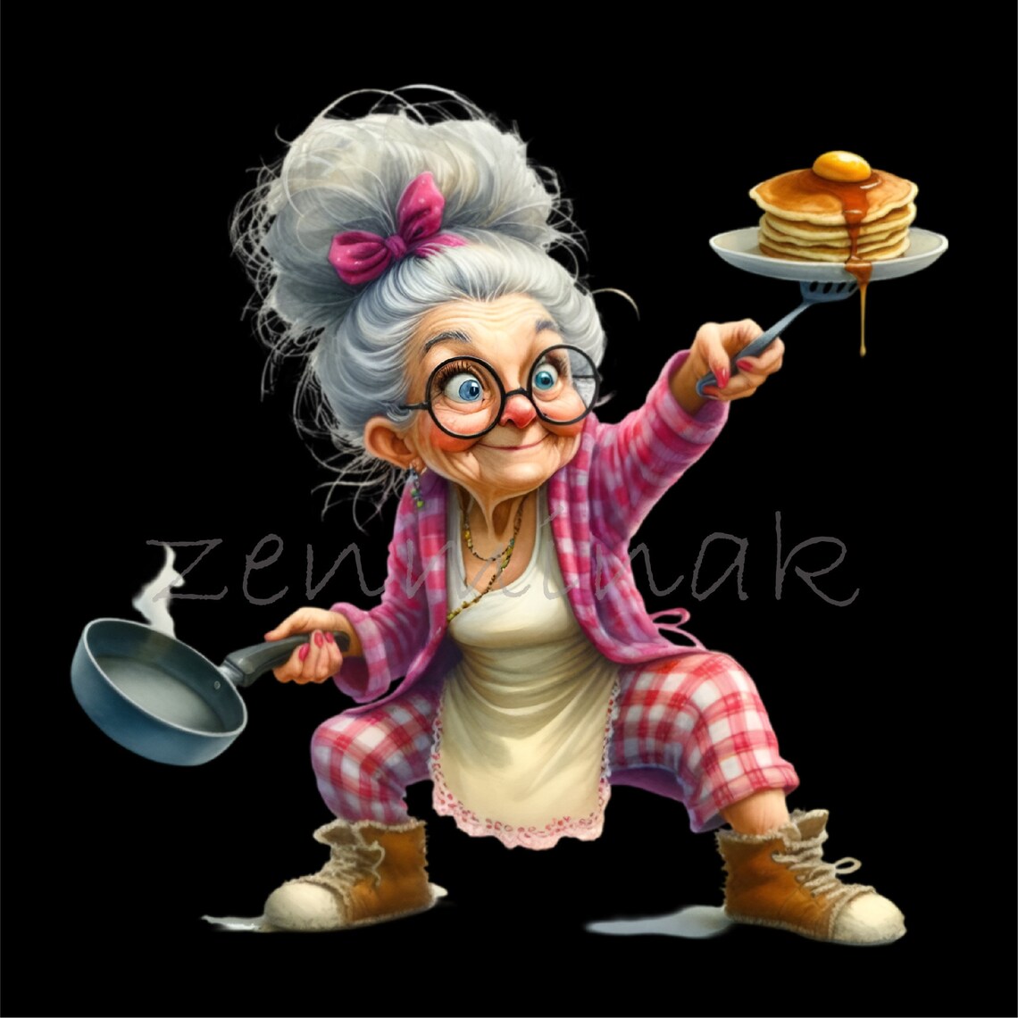 14 PNG Funny Grandma Clipart, Elder Woman Cooking Pancakes Illustration ...