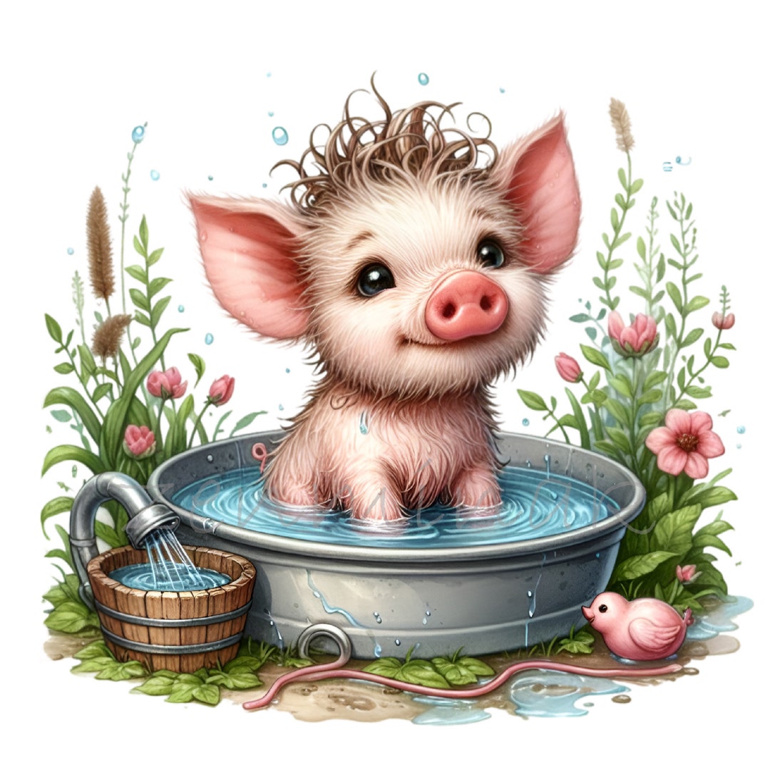 Baby Pig Bathing in a Bucket 14 PNG Funny Floral Animal Kids Comics ...