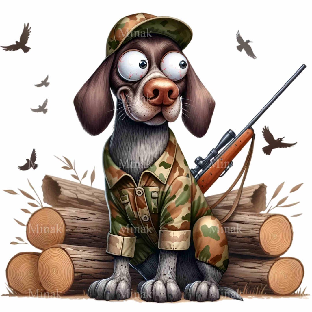 10 Funny Hunting Dog Clip Art PNG - Cartoon Dog in Camo With Rifle and ...