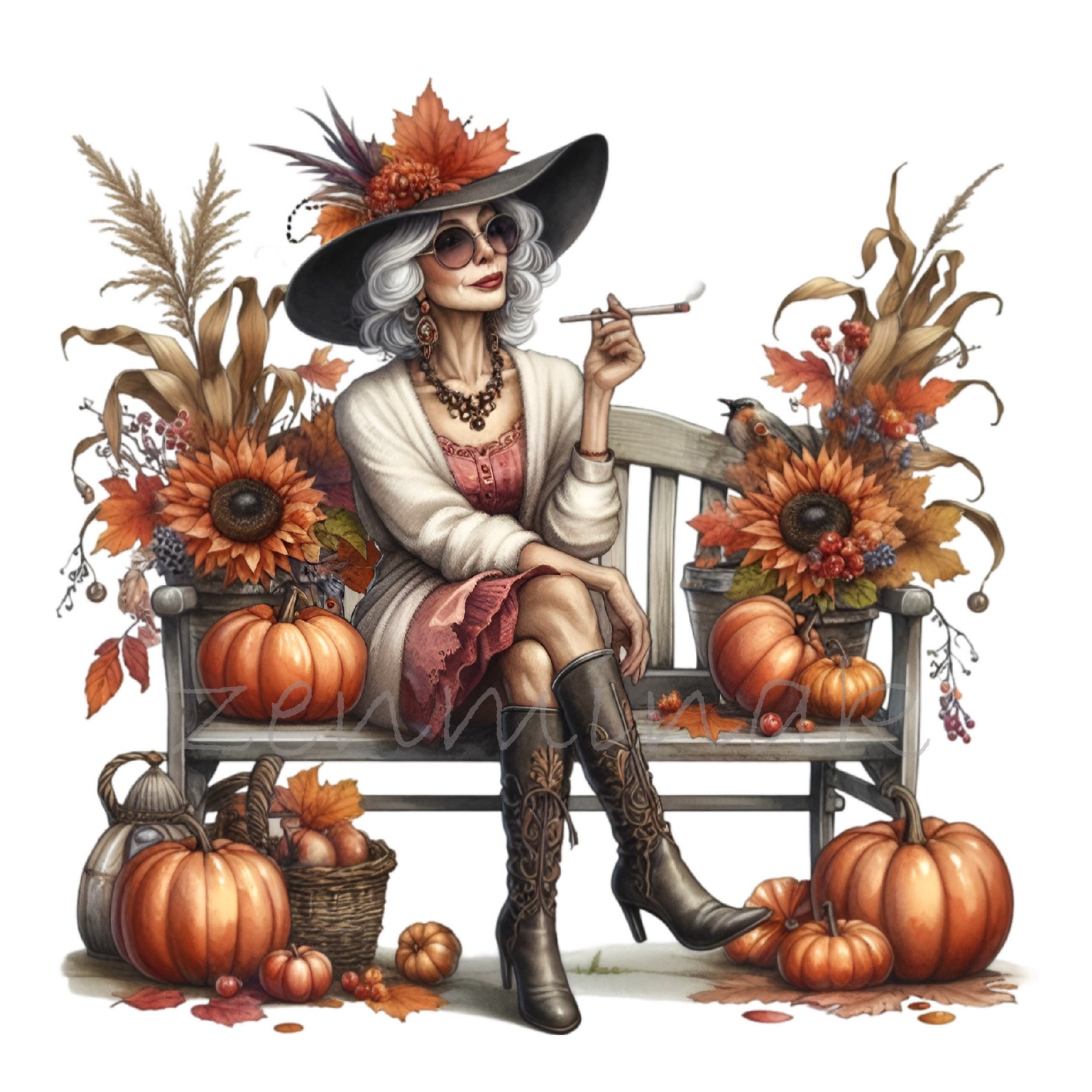 10 PNG Autumn Woman Fall Sublimation, Grandma Pumpkin Bench Clipart ...