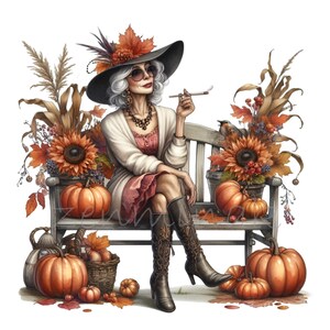 Autumn Lady With Pumpkins and Sunflowers Clipart 10 Digital PNG for ...