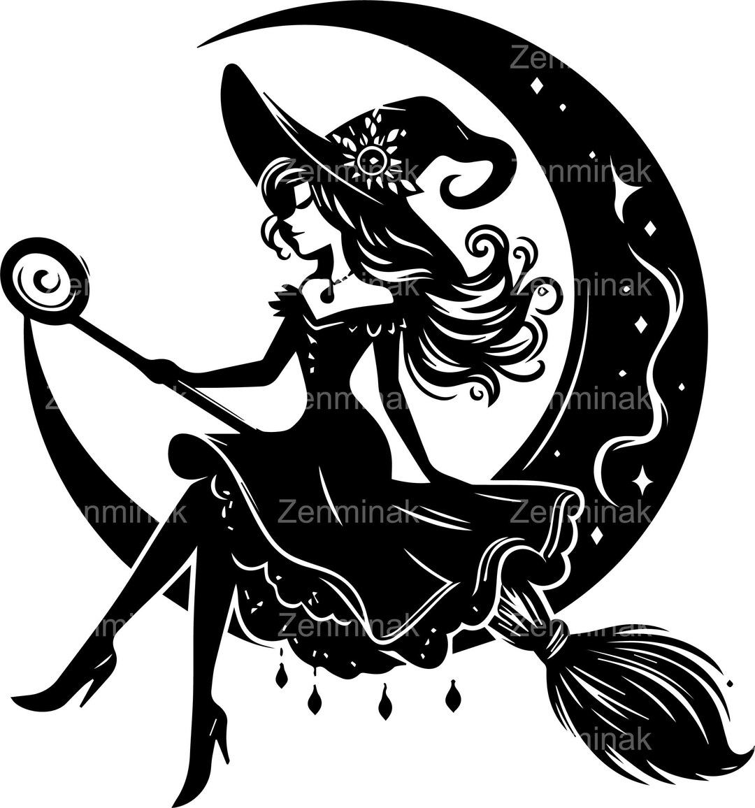 5 SVG Moon Witch SVG Cut File – Elegant Witch Sitting on Crescent Moon ...
