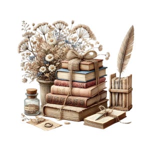 15 Vintage Books and Flowers Clip Art PNG, Rustic Stack of Books With ...