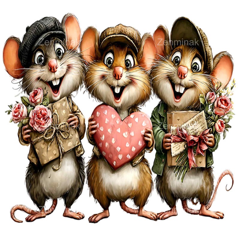 15 PNG Valentine Mice Clipart – Cute Mouse Set With Hearts and Flowers ...