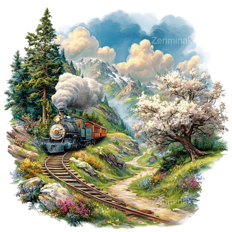 15 PNG Steam Train Clipart , Watercolor Spring Railway Landscape ...