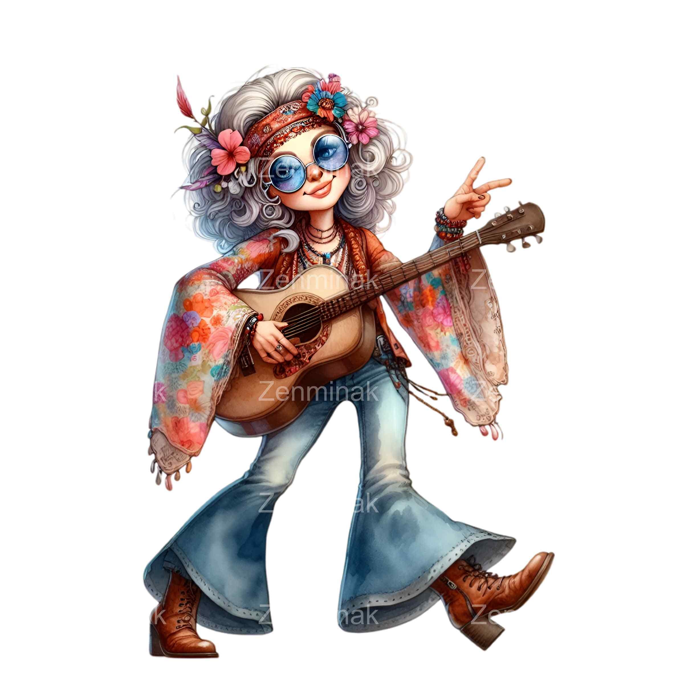 16 PNG Girl Guitar Clipart, Hippie Musician Woman, Retro 70s Singer ...