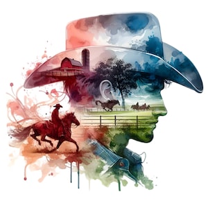 Cowboy Watercolor Illustration PNG, 15 Western Farm Scene With Horses ...