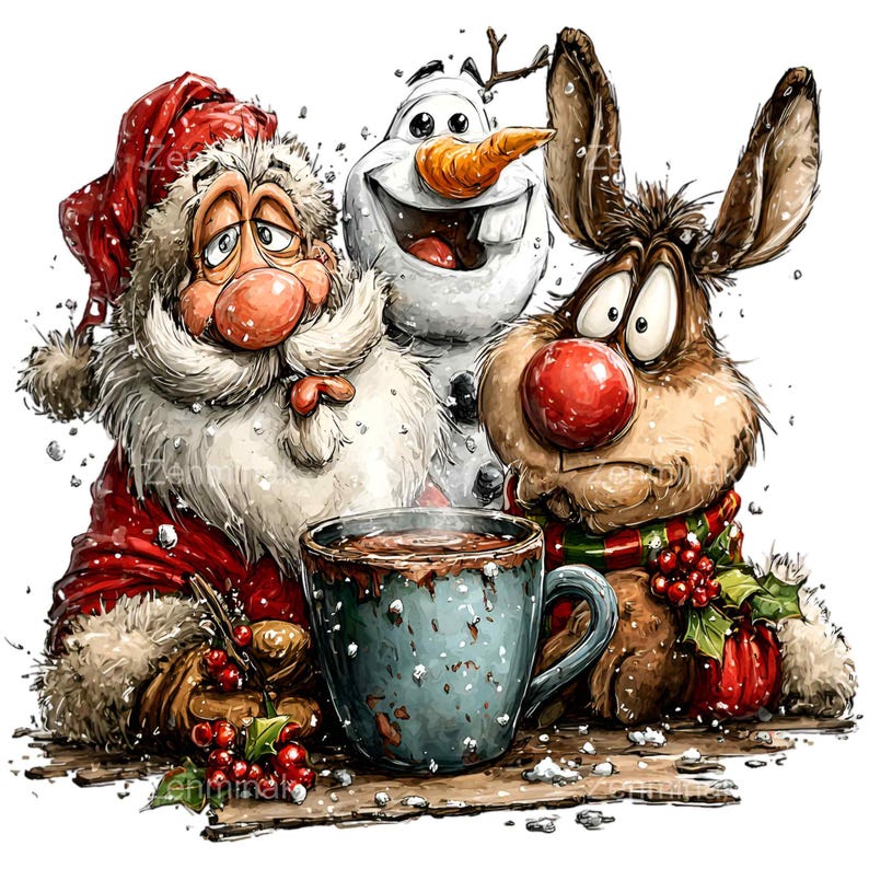 15 PNG Christmas Clipart PNG – Santa With Reindeer and Snowman Art ...