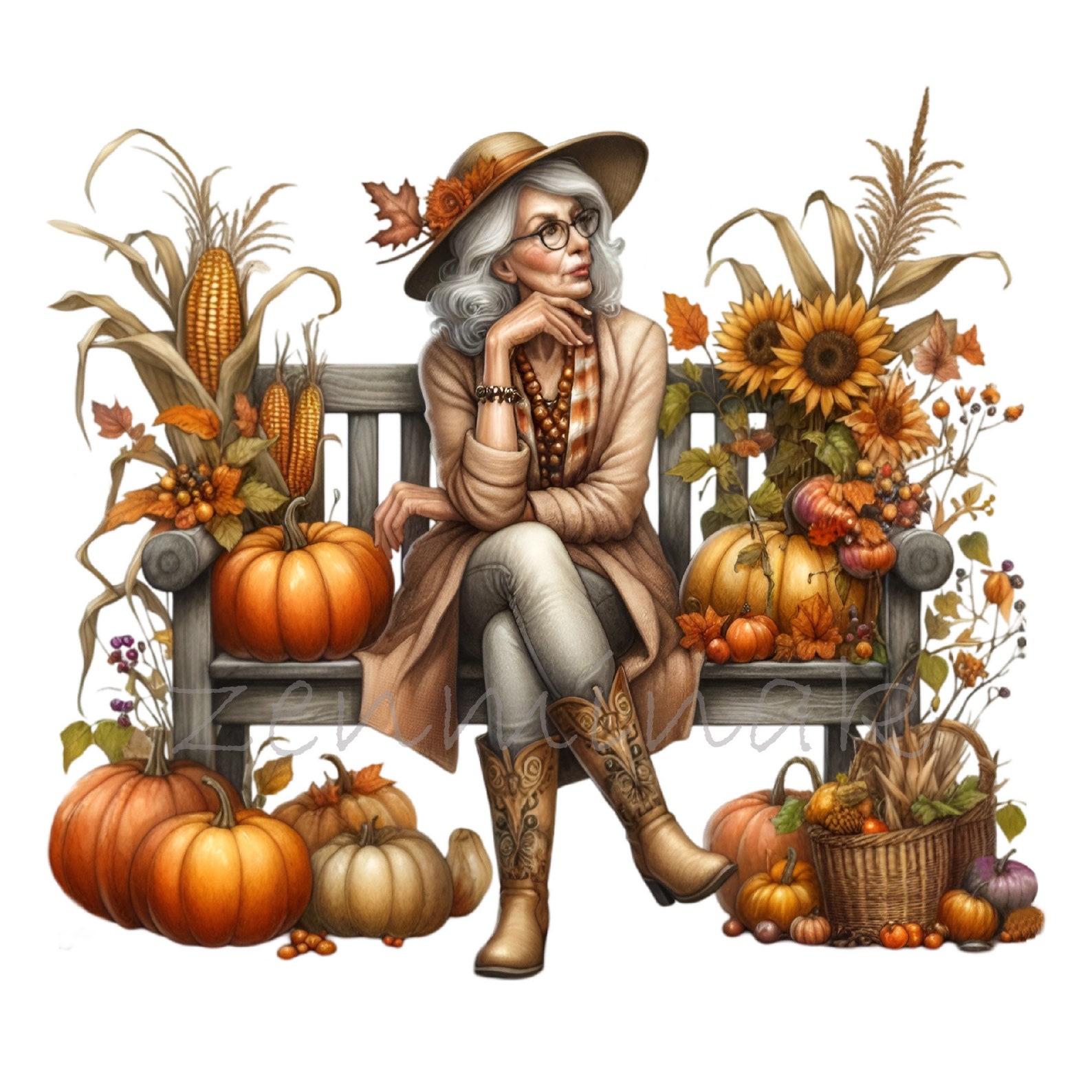 10 PNG Autumn Woman Fall Sublimation, Grandma Pumpkin Bench Clipart ...