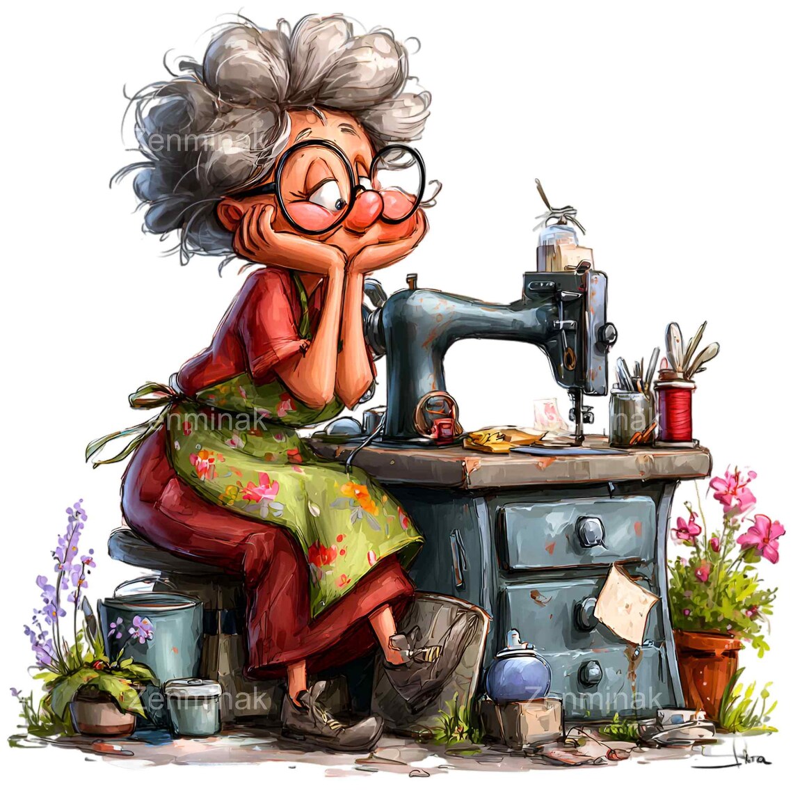 14 PNG Sewing Grandma – Funny Cartoon Lady at Sewing Machine PNG ...