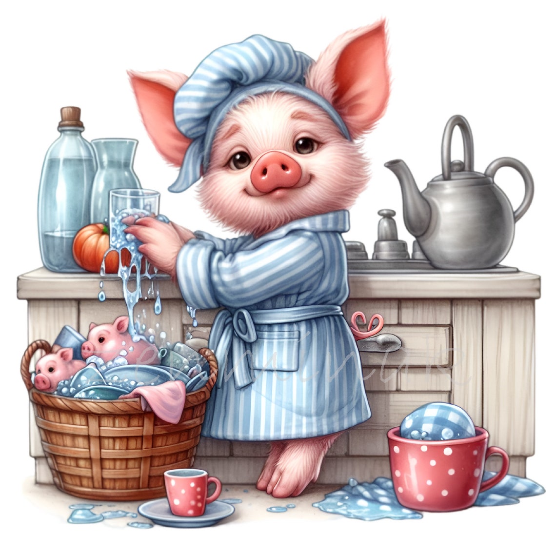 12 PNG Pig Washing Dishes Clipart, Farm Animal Kitchen Cartoon Baby ...