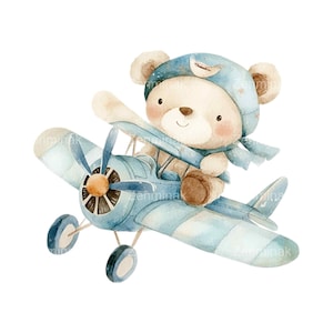 19 Watercolor Bear Pilot PNG in Blue Airplane Clip Art, Cute Aviation ...