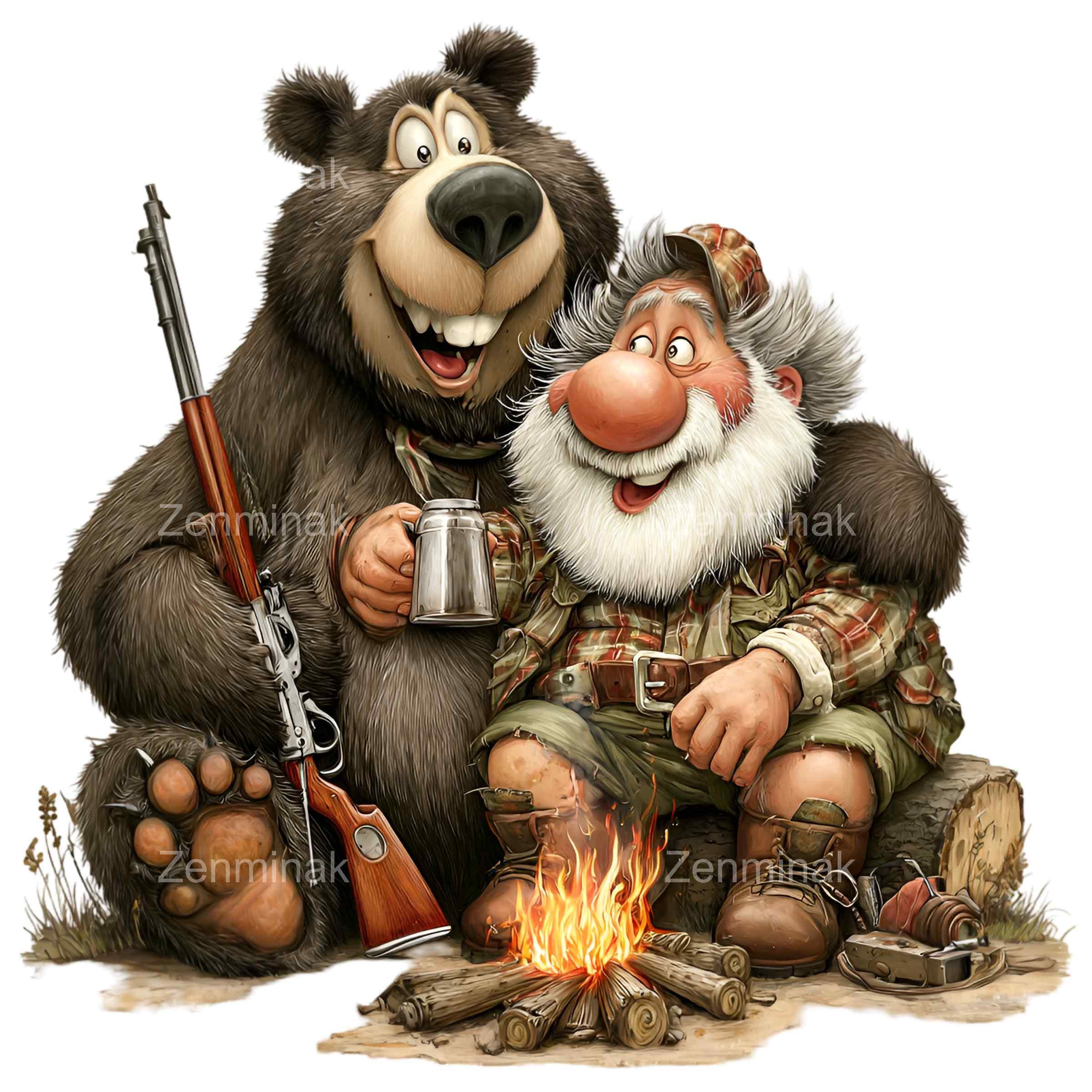 10 PNG Funny Hunter Clipart – PNG Old Man With Bear and Dog by Campfire ...
