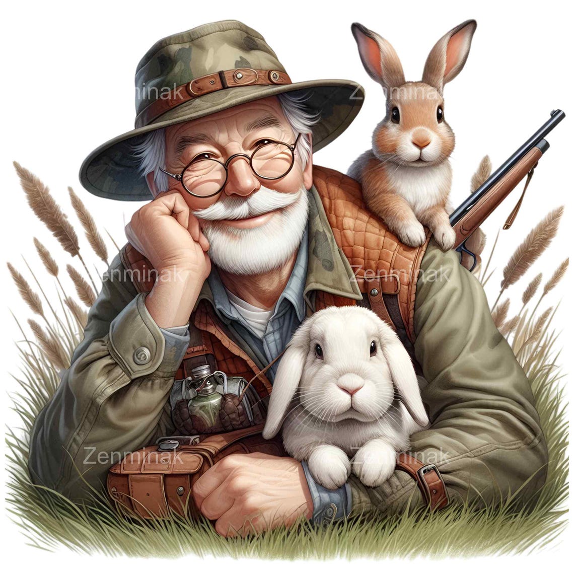 15 PNG Funny Hunter Clipart – Old Man With Dog and Bunny Illustration ...