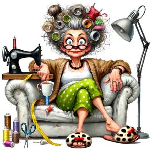 15 PNG Funny Sewing Lady – Crazy Seamstress Clipart – Humorous Crafting ...
