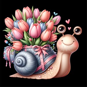 10 PNG Cute Snail With Flowers Clipart – Cartoon Tulip Snail PNG ...
