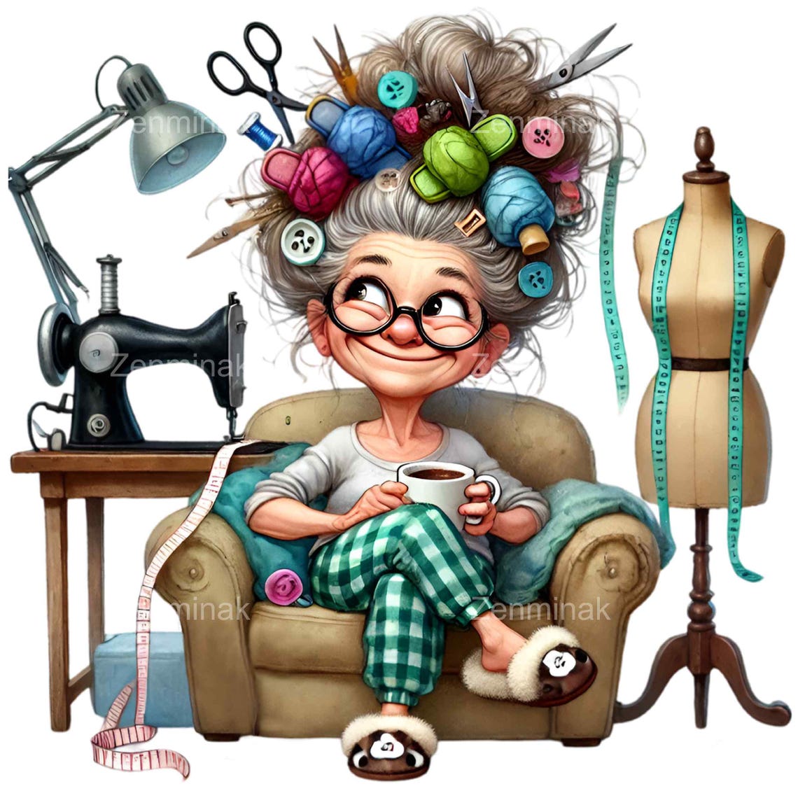 15 PNG Funny Sewing Lady – Crazy Seamstress Clipart – Humorous Crafting ...