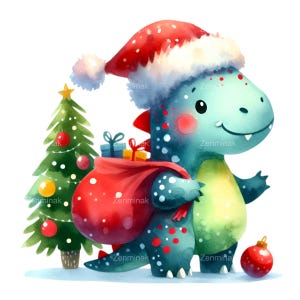 Cute Dinosaur Christmas PNG, 17 Dino Holding Christmas Tree, Watercolor ...