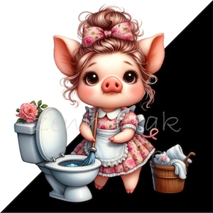 12 Pig Cleaning Bathroom Clip Art, Cute Animal in Floral Dress PNG ...