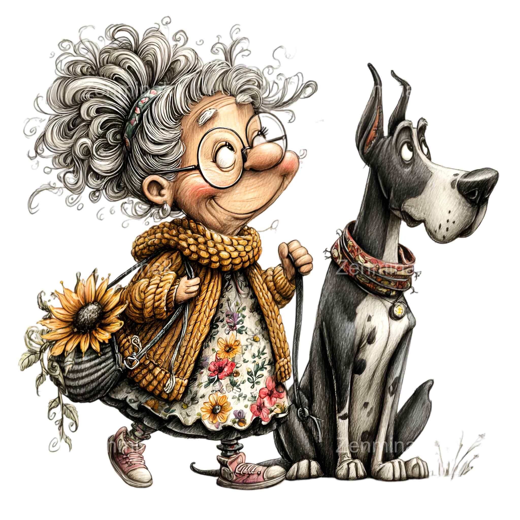 15 PNG Funny Dog Clipart – Whimsical Old Lady With Great Dane PNG for ...