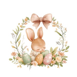 21 Watercolor Bunny PNG With Decorated Eggs Clip Art, Spring Floral ...