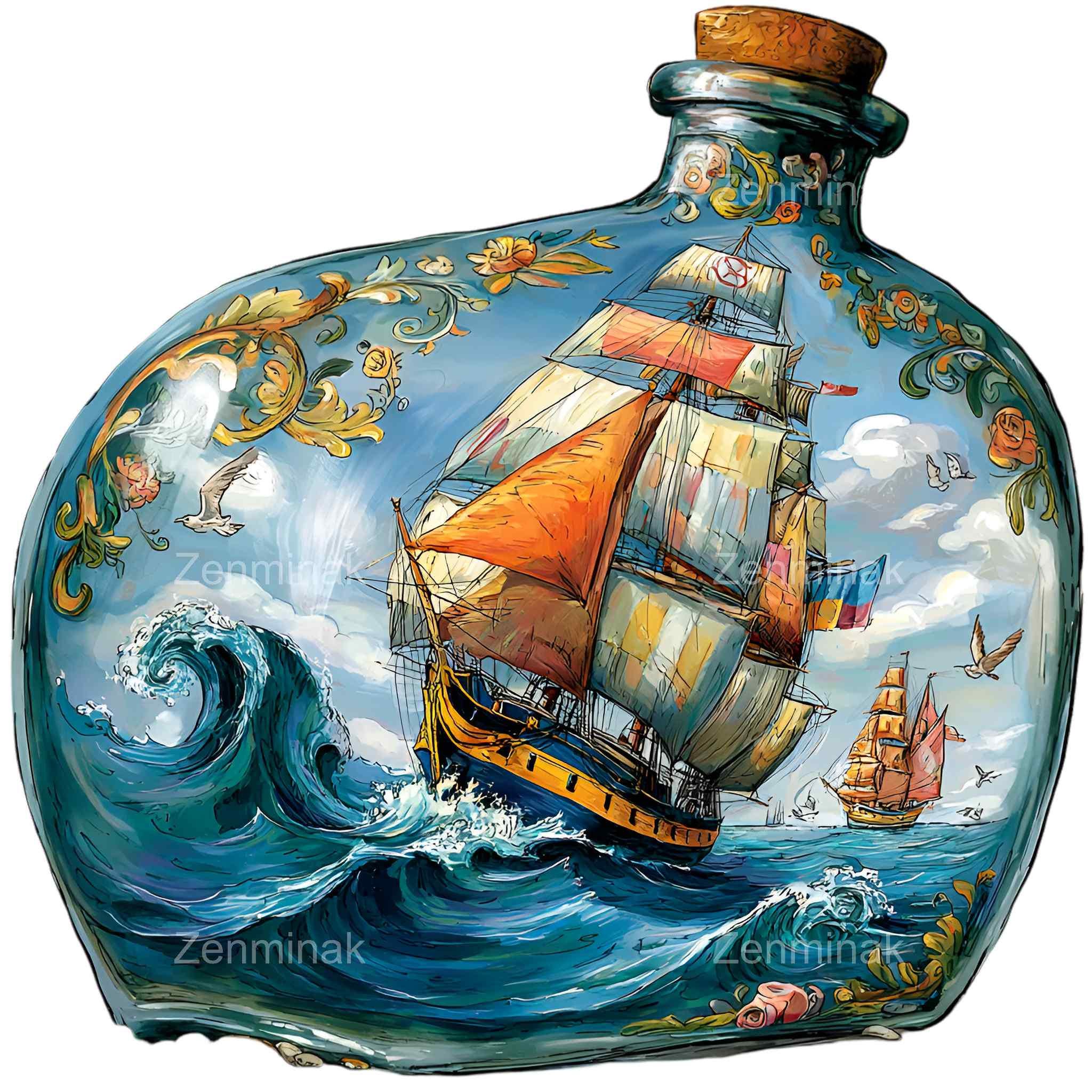 15 PNG Sailing Ship Jar Clipart, Watercolor Nautical Bottle ...