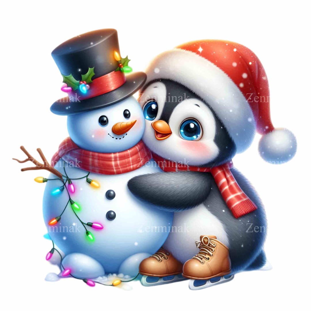 19 PNG Christmas – Cute Penguin Hugging Snowman With Lights and Scarf ...