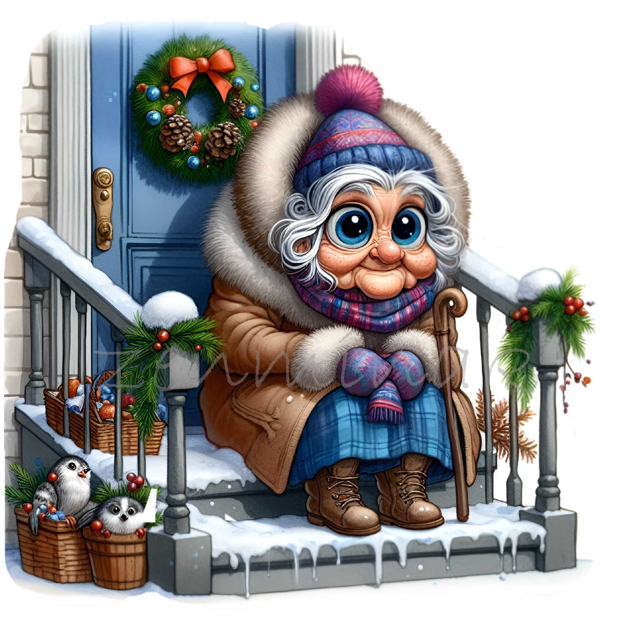 10 PNG Winter Grandma Clipart – Elderly Lady on Snowy Doorstep With ...