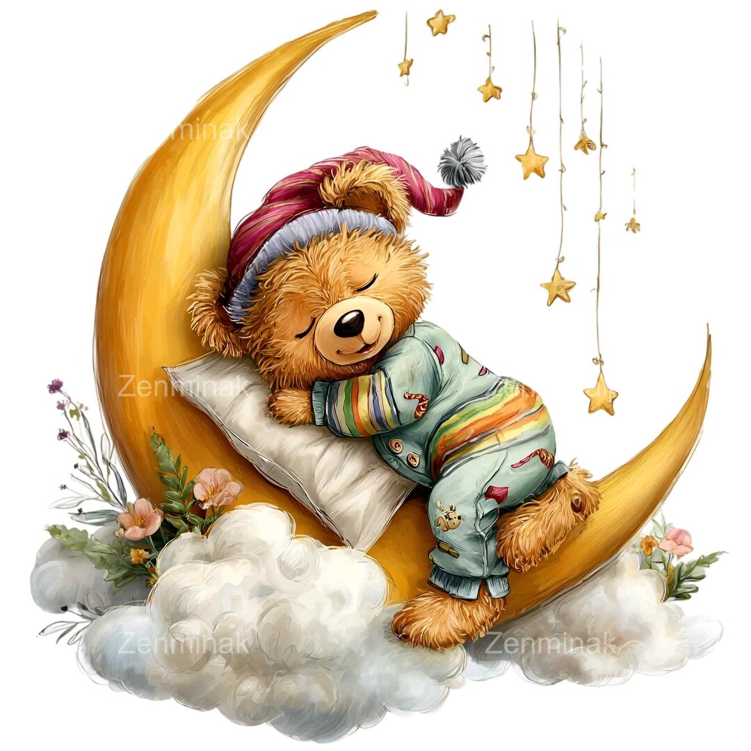 20 PNG Sleepy Bear Clipart – Cute Baby Moon PNG for Nursery Art ...