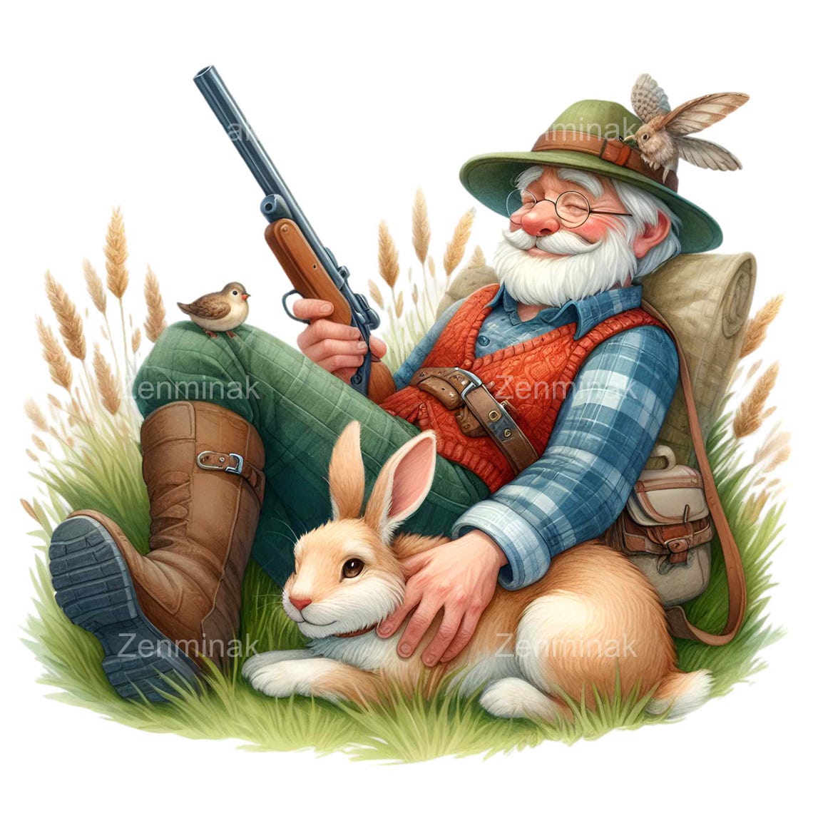 15 PNG Funny Hunter Clipart – Old Man With Dog and Bunny Illustration ...