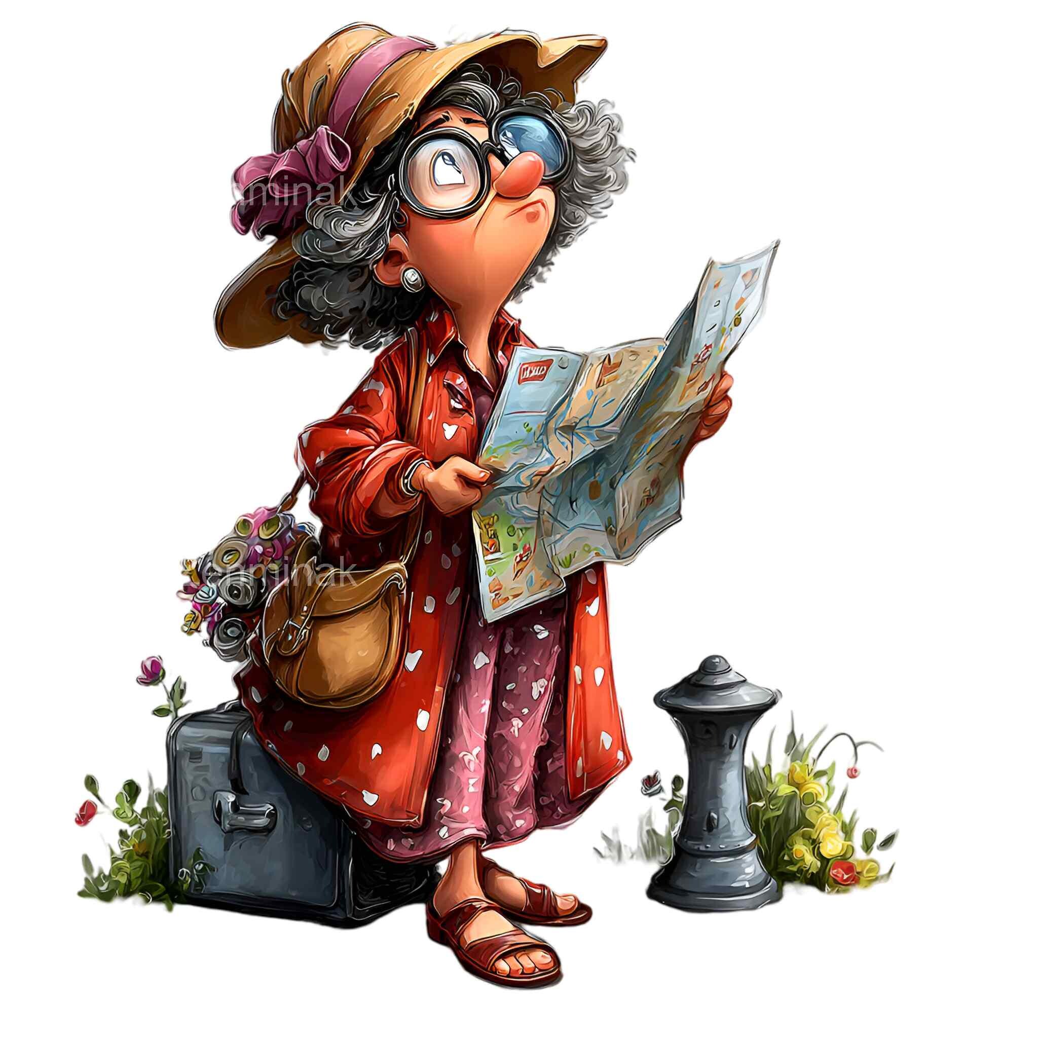 16 PNG Funny Travel Grandma Clipart – PNG Old Lady With Map ...