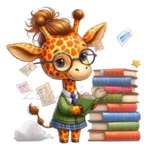 Teacher Giraffe Clipart 15 PNG - Adorable Giraffe With Glasses Teaching ...