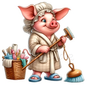 Piglet Clip Art, Housekeeper Clipart, 12 PNG Housewife, Cleaning Funny ...