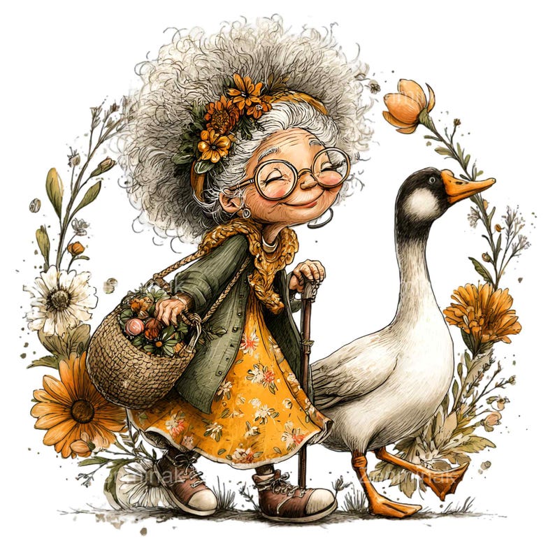 12 PNG Funny Goose Clipart – Old Lady With Farm Bird PNG for Crafts ...