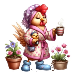 Funny Chicken Coffee Clip Art, 18 PNG Housewife Clipart, Mom Farm ...