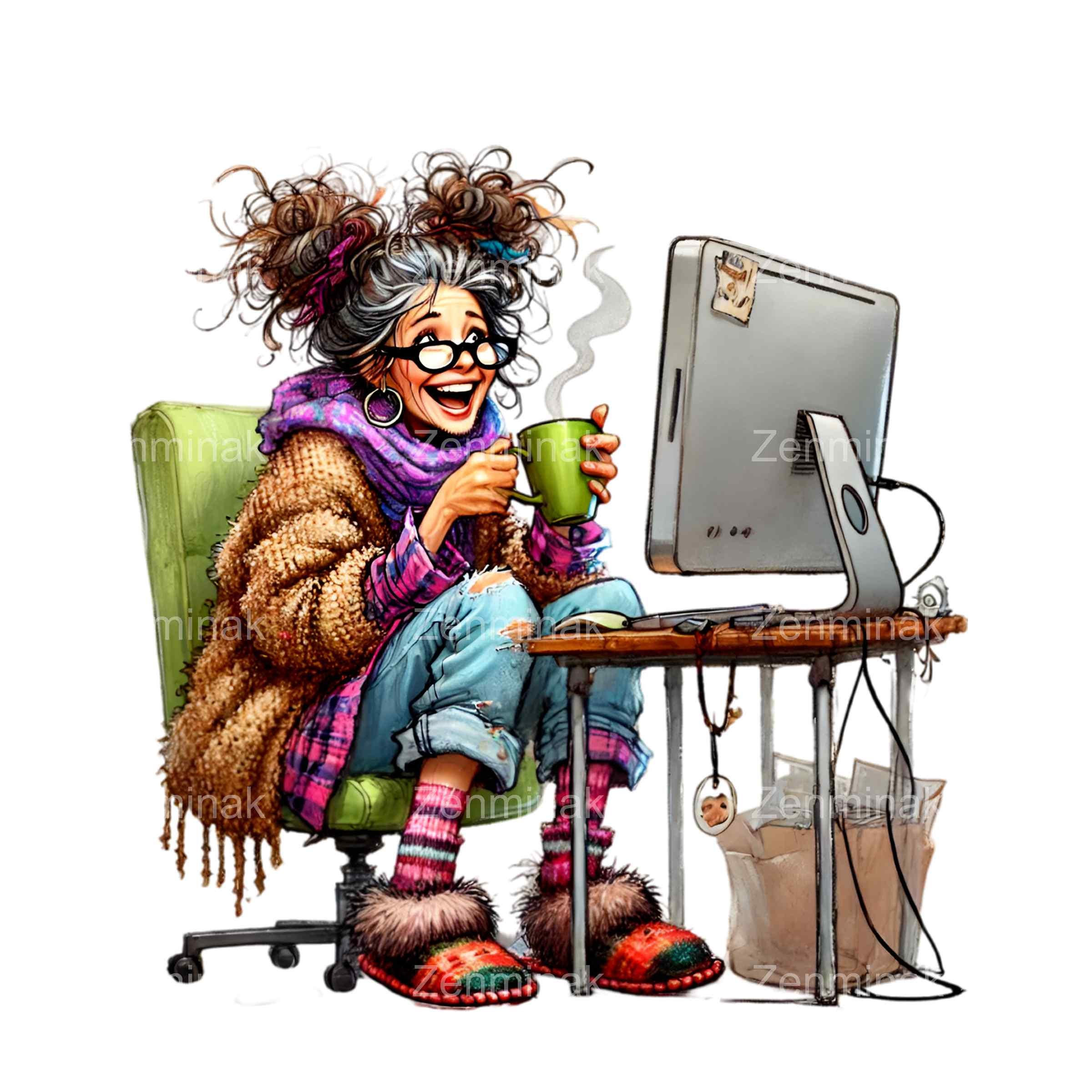 15 Funny Granny Working at Computer PNG, Cartoon Elderly Woman Clipart ...