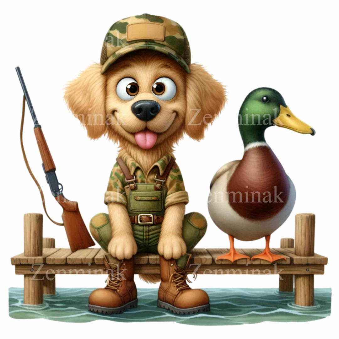 14 Hunting Dog Clip Art PNG - Cute Retriever in Camo With Duck and ...