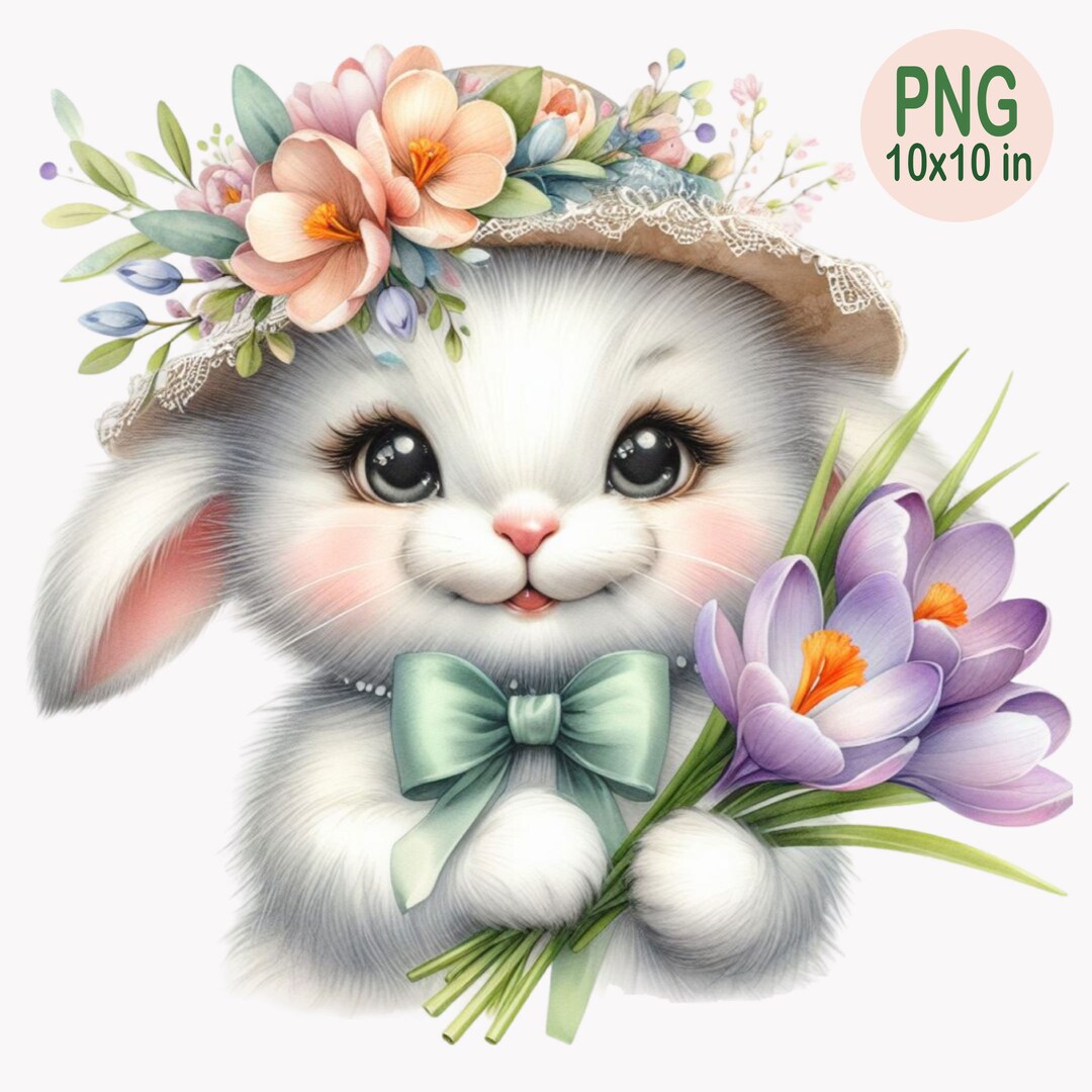 10 Spring Bunny Clip Art PNG - Cute White Rabbit With Floral Hat and ...