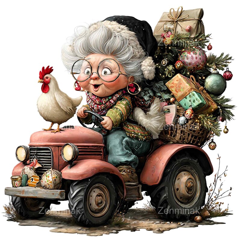 19 PNG Farmhouse Christmas Grandma on Tractor, Holiday Chicken Clipart ...