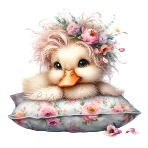 10 PNG Duckling Clipart PNG – Spring Flower Crown Duck on Pillow, Cute ...