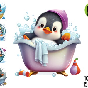 Cute Penguin Clipart Illustration PNG, Penguin Wash Bubble Bath ...