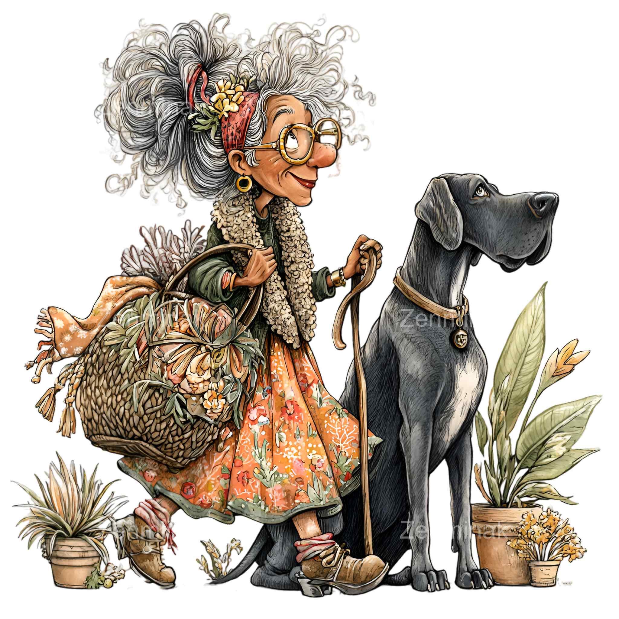 15 PNG Funny Dog Clipart – Whimsical Old Lady With Great Dane PNG for ...