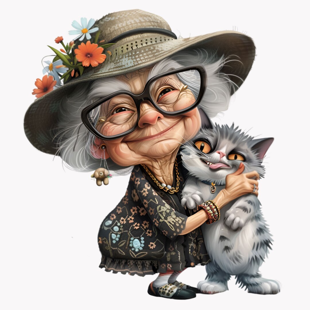 16 Grandma and Cat PNG Clipart - Cute Elderly Lady With Glasses, Hat ...